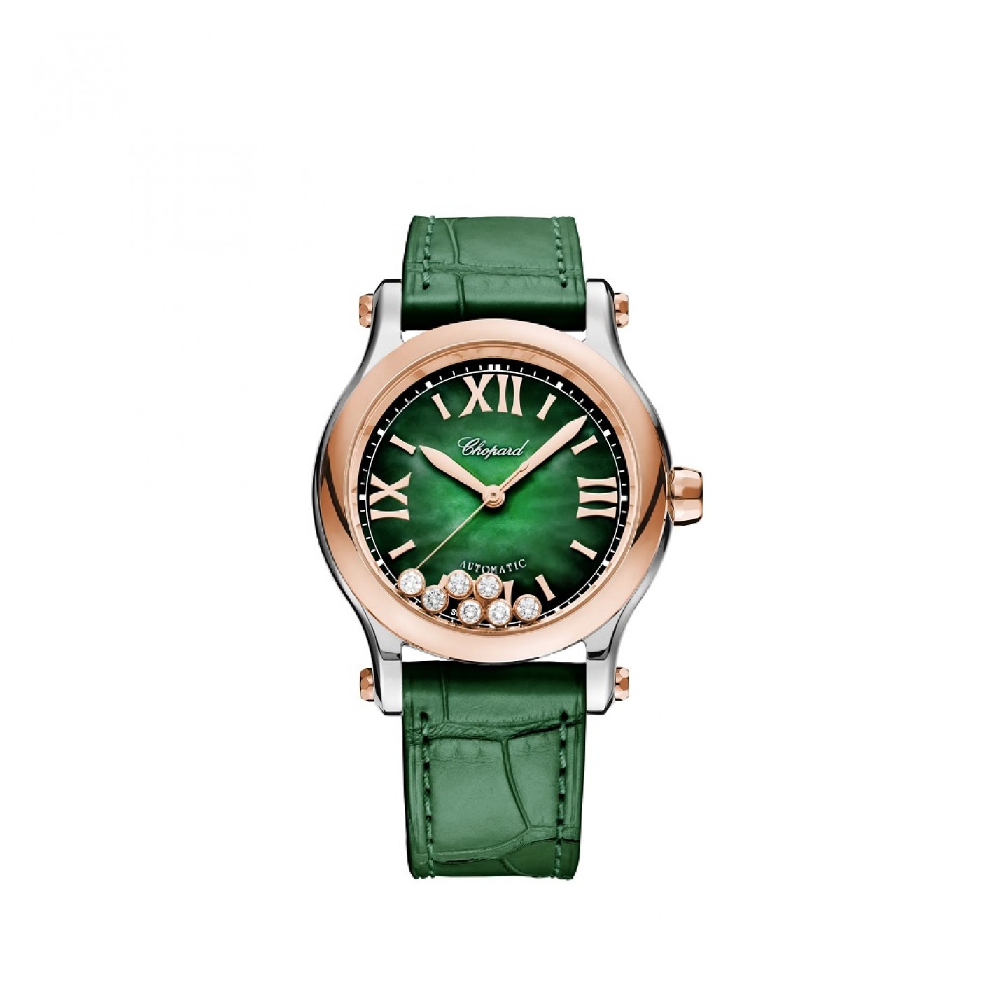 Rose gold steel watch green mother-of-pearl diamonds Happy Sport Chopard