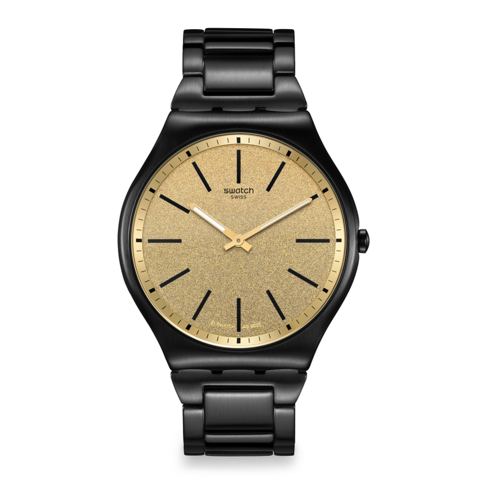 Swatch Dashing Slate - Reloj Ultrafino con Esfera Metálica Dorada