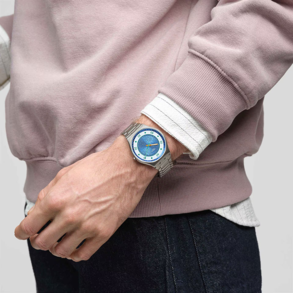 Swatch SPLASH DANCE: ultra-thin watch, blue dial with green and orange ...