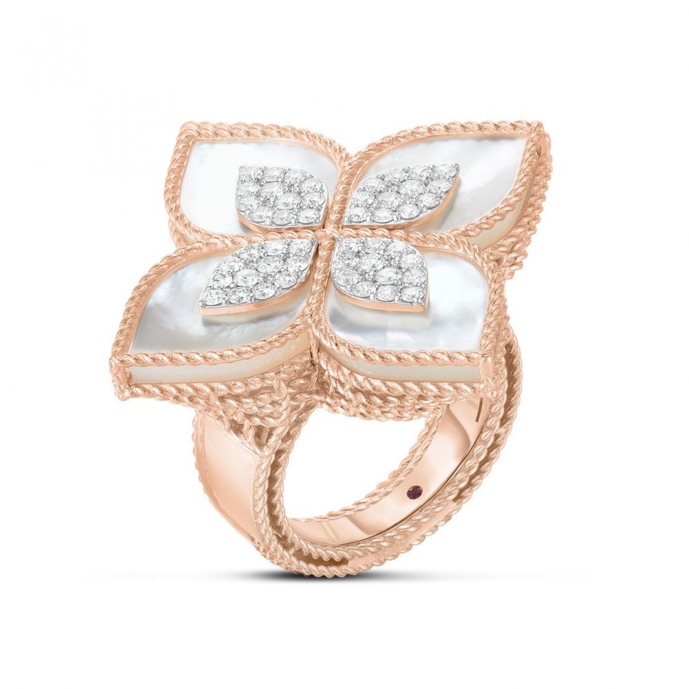 18 KT ROSE GOLD RING & NATURAL MOTHER OF PEARL-DIAMONDS PRINCESS FLOWER ...